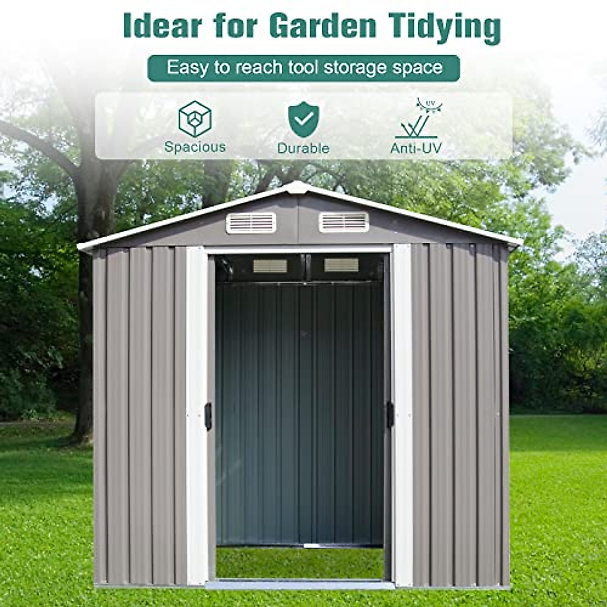 Steel Garden Storage Shed 6' x 4' - Utility Tool House with Vents Garden Storage House Metal Shed for Patio (Grey)