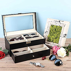 CO-Z Sunglasses Organizer for Women Men, Multiple Eyeglasses Eyewear Display Case, Leather Multi Sunglasses Jewelry Collection Holder with Drawer, Sunglass Glasses Storage Box with 12 Compartments