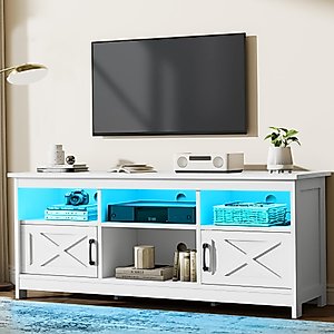 YITAHOME Farmhouse TV Stand with Power Outlet, LED Light Entertainment Center for TVs up to 65 Inch, TV Cabinet with Storage, Rustic Media Console for Living Room, 59" White