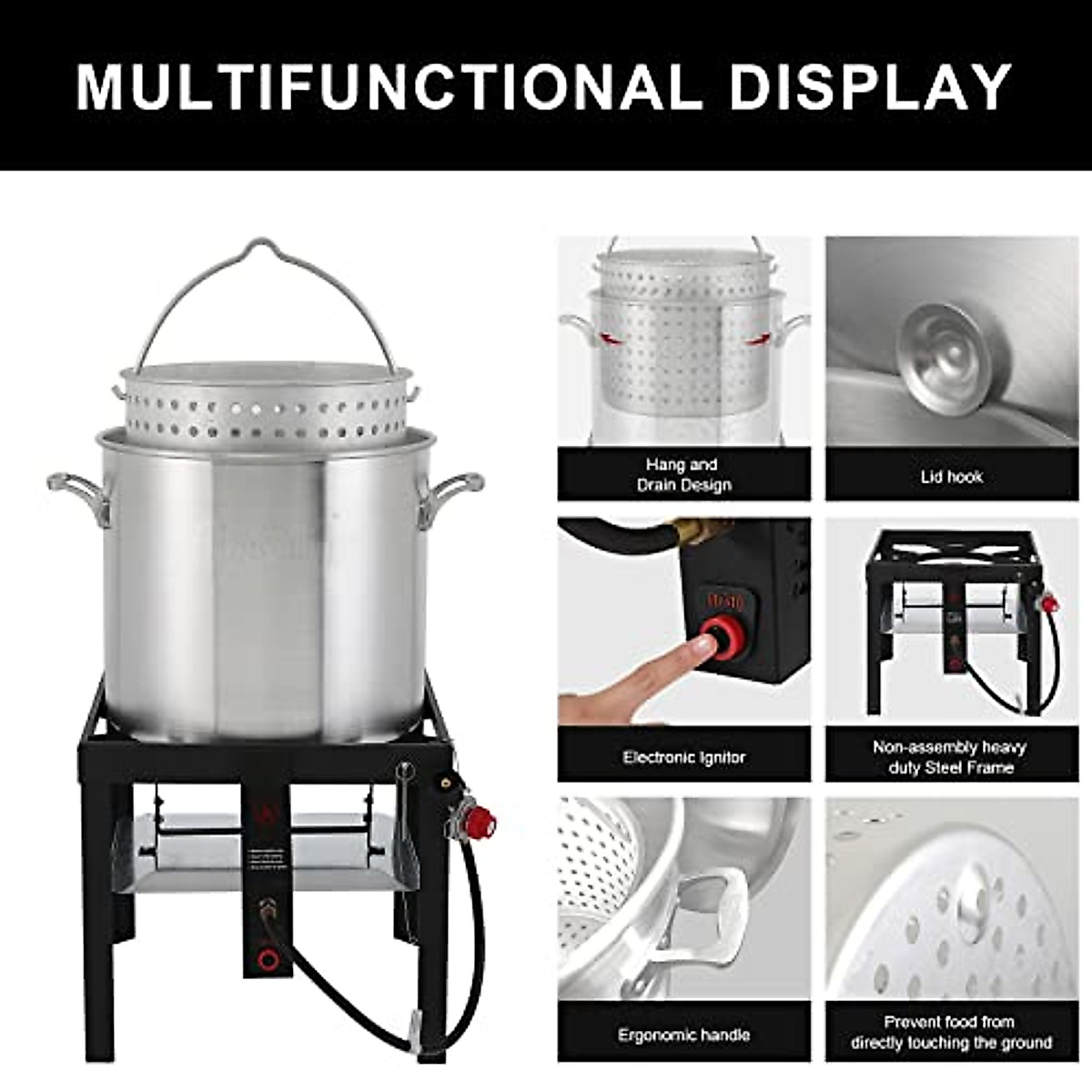 FEASTO 80QT Aluminum Boil Pot with Basket Perfect for Seafood Boiling and Steaming, Outdoor Propane Gas Cooker with Adjustable 0-10 PSI Regulator, Non-Assembly Frame Stand