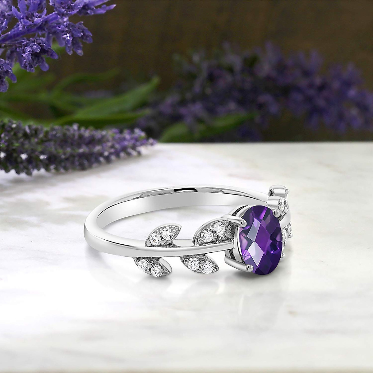 Gem Stone King 925 Sterling Silver 7X5MM Oval Gemstone Birthstone Twisted Olive Branch Leaf Vine Band Wedding Ring For Women | Available In Size 5, 6, 7, 8, 9