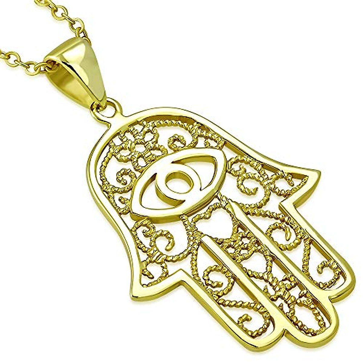 925 Sterling Silver Yellow Gold-Tone Large Filigree Womens Evil Eye Hamsa Pendant Necklace