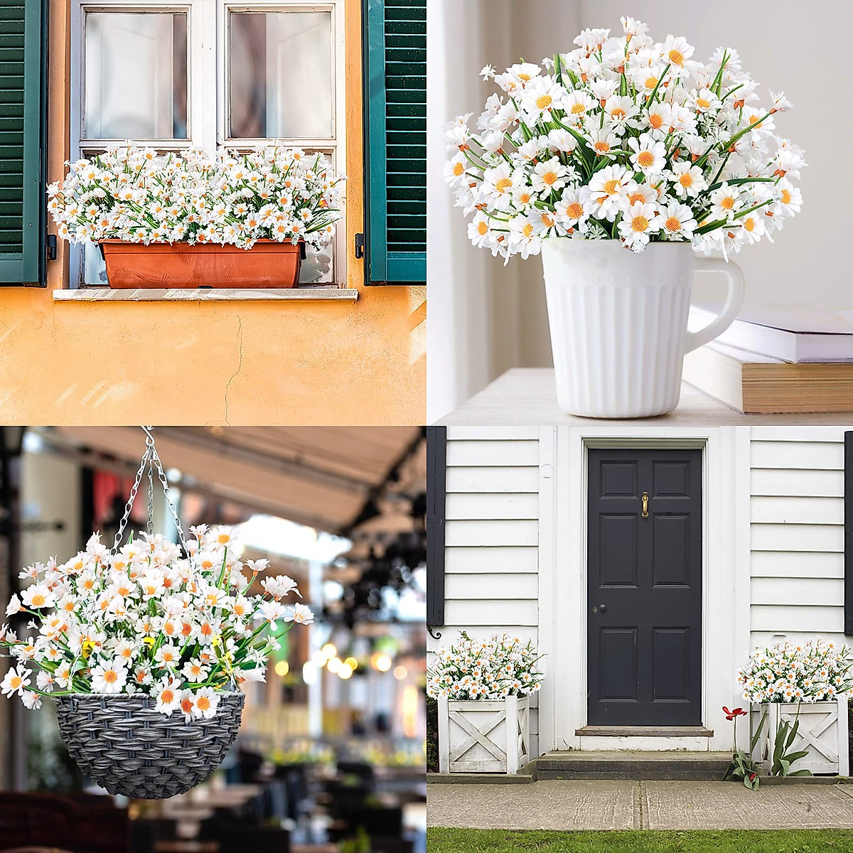 8 Bundles Artificial Daisy Flowers Fake White Daisies Plants Greenery Stems UV Resistant Cemetery Flowers for Spring Decor Outdoors Indoor Party Garden Hanging Planter Window Box Decorations