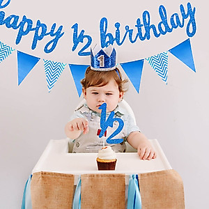 Half Birthday Decorations 6 Months Baby Boy Banner Cupcake Topper Pick 1/2 Half Year Cake Topper Triangle Flag Banner Confetti Balloons for Girl Boy Baby Shower (Dark Blue)