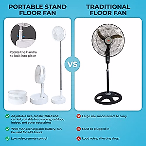 Foldable Swing Retractable Table Fan / Floor Fan with Remote Control Portable Battery Powered Fan for Home Office Outdoor Boating Camping Travel