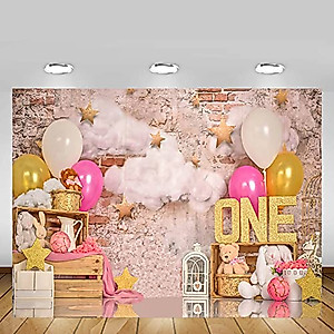 MEHOFOND 10x7ft Pink Gold Balloon Girl First Birthday Party Backdrops Sweet One Retro Brick Wall Cloud Gold Stars Photography Background Portrait Photo Studio Decoration Banner Props for Cake Smash