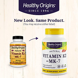 Healthy Origins Vitamin K2 as MK-7, 100 mcg - K2 Vitamins for Heart Health, Bone Health & Calcium Metabolism - Gluten-Free Supplements - 180 Veggie Softgels