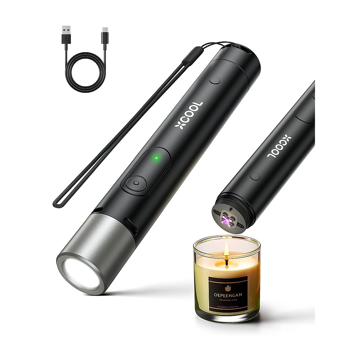 XCOOL 3-in-1 Powerful Flashlight with Arc Lighter and Door Alarm, USB C Charging Flashlights High Lumens Rechargeable, Super Bright Flashlight for Emergency, Camping, Home(1 Pack)