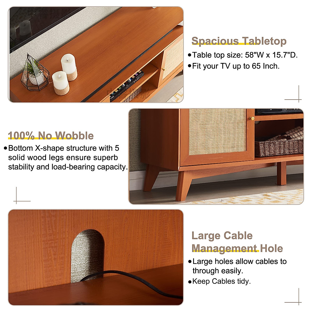 OKD TV Stand for 65+ Inch TV, 32'' Tall Highboy Entertainment Center, Mid Century Modern Media TV Console with Natural Rattan Door, Adjustable Shelves, Boho Television Stand, Cherry