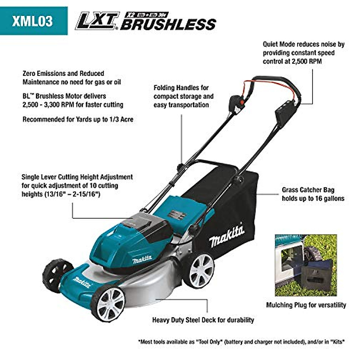 Makita XML03CM1 36V (18V X2) LXT® Brushless 18" Lawn Mower Kit with 4 Batteries