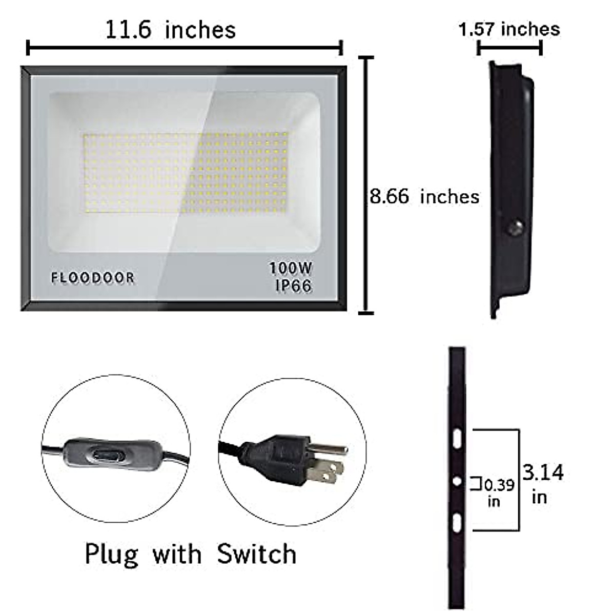 Floodoor 100W LED Flood Lights Outdoor, 10000LM Super Bright Flood Light with Plug, IP66 Waterproof Safety Work Lights for Yard, Garden, Playground, Basketball Court (2 Pack)