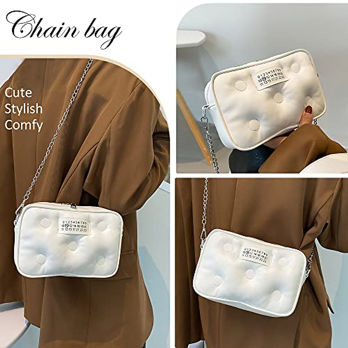 RongYue Puffer Bags for Women Small Casual PU Quilted Purses Crossbody Bags Shoulder Handbags with Chain Strap (White)