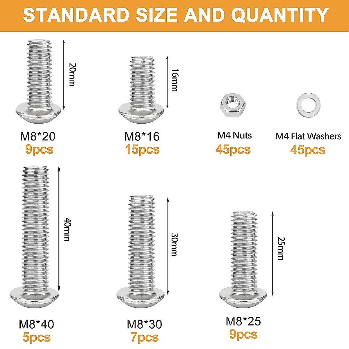 M8-1.25 x 16/20/25/30/40mm Button Head Socket Cap Screws VIGRUE 135PCS M8 Allen Hex Drive Screws Nuts Washers Assortment Kit 18-8 Stainless Steel 304, Bright Finish, Fully Threaded