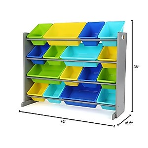 Humble Crew Extra-Large Toy Organizer, 16 Storage Bins, Grey/Blue/Green/Yellow,15.5"D x 42"W x 35"H