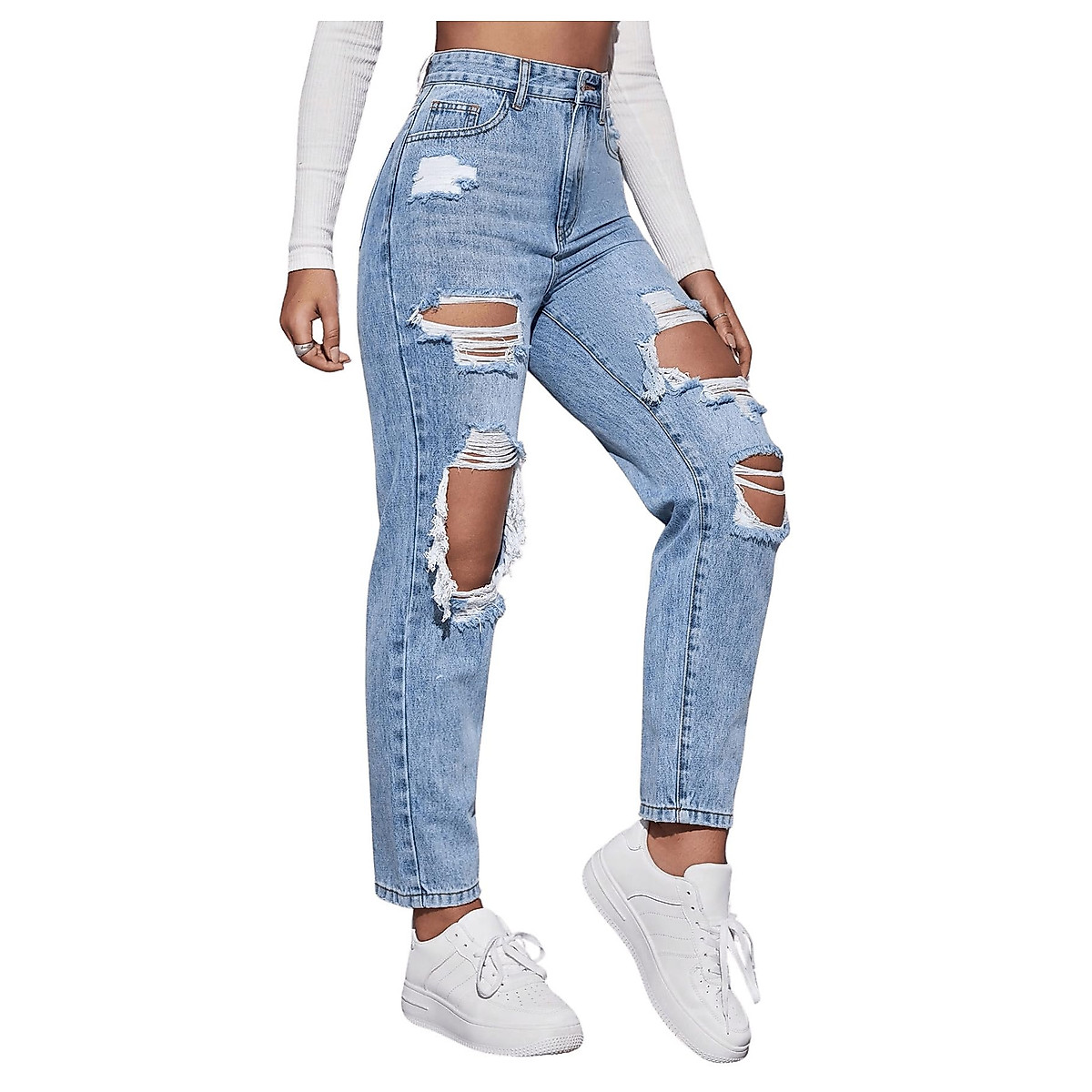 MakeMeChic Women's High Waist Straight Leg Ripped Jeans Distressed Denim Pants Light Wash2 L