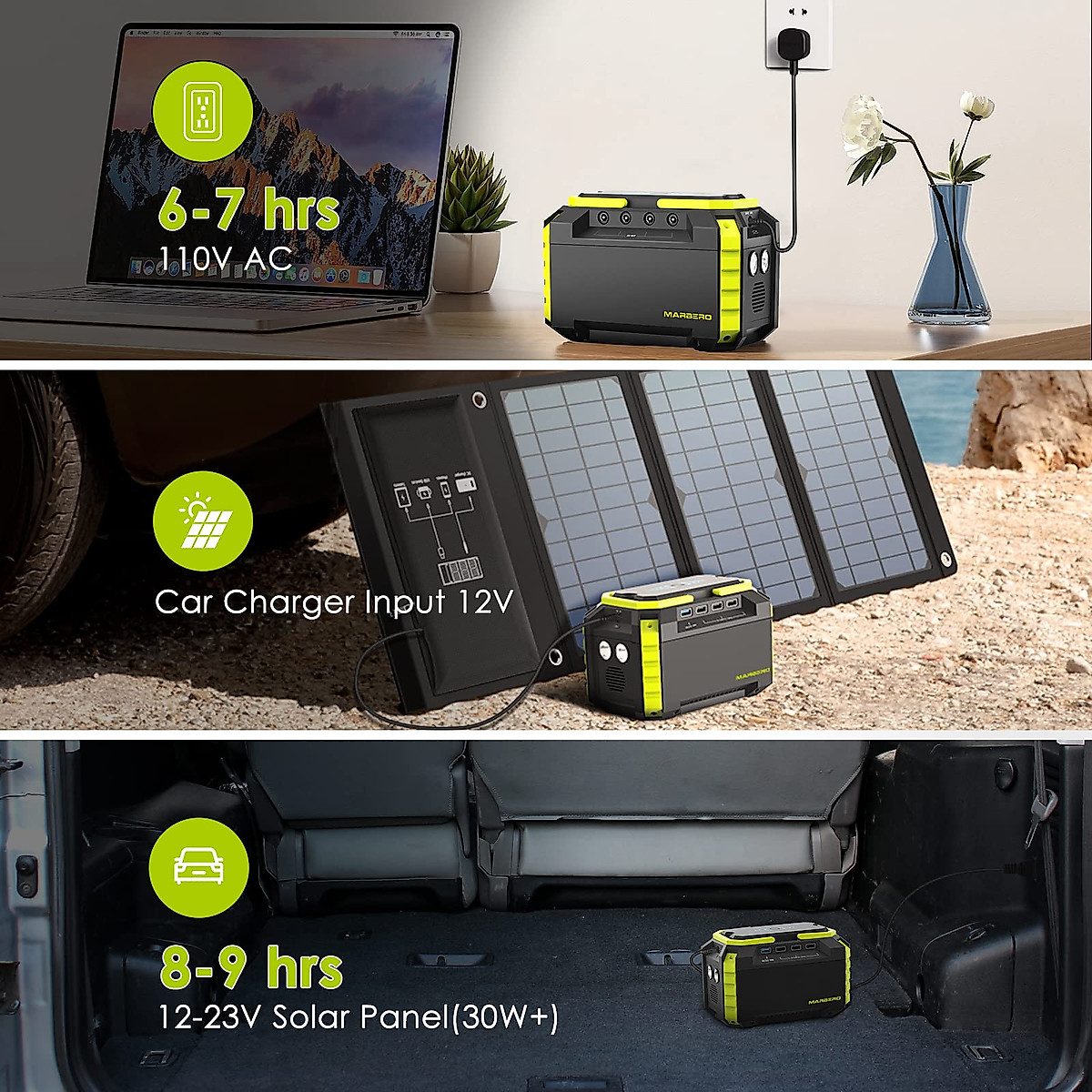 MARBERO Solar Generator 150W Peak Portable Power Station 150Wh with 30W Solar Panel Included with DC, AC, USB A, USB C, Flashlights for Camping, Home, Outdoor, Office, School, Emergency