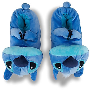 Disney Ladies Lilo and Stitch Slippers - Ladies Classic Lilo and Stitch Big Face Plush Slippers Lilo and Stitch 3D Plush Slippers (Blue, 9/10)