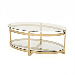 Christopher Knight Home Bell Tempered Glass Coffee Table | Round | Modern | Brass Finish, Clear