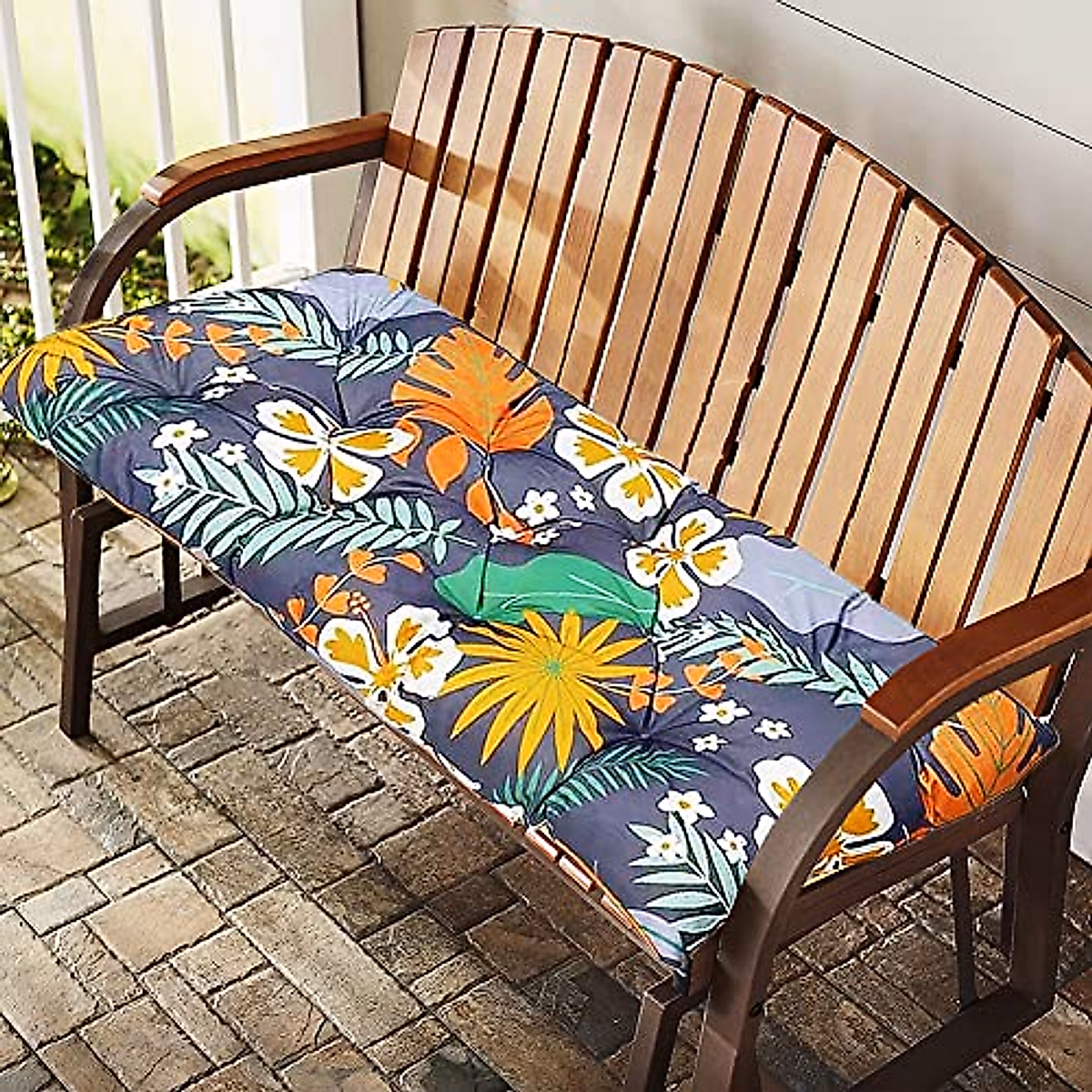 Outdoor Bench Cushion 48"x20", Waterproof Patio Cushions 3 Seaters Swing Cushion Replacement with Ties, for Garden Patio Furniture Lounger Bench (Flower, 48x20 in)