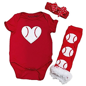 Petitebella Baseball Heart Baby Bodysuit Leg Warmer Nb-18m (Red, 0-3 Months)