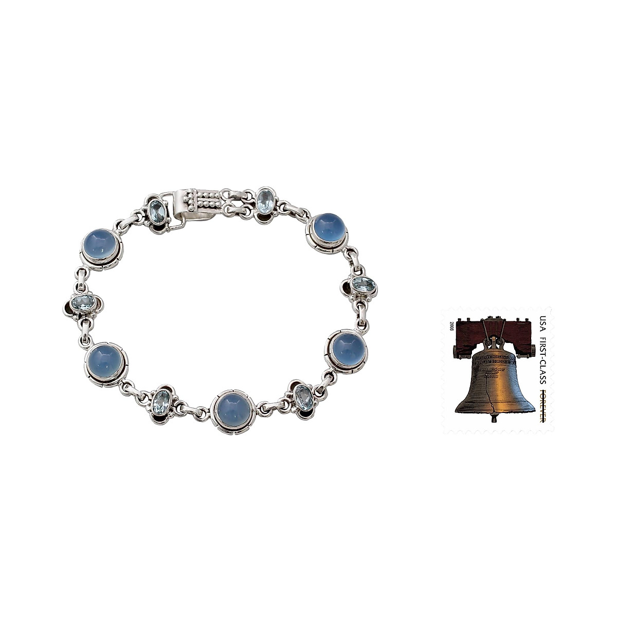 NOVICA Artisan Handmade Blue Topaz Chalcedony Link Bracelet with Sterling Silver India Serenity Airy Birthstone [7.75 in L x 0.4 in W] ' Serene Azure'