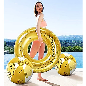 POZA Inflatable Large Beach Ball – Pool Accessory Glitter Confetti 16 Inch Premium Beach Theme Water Sand Toy Favors for Beach Party Decorations Pool Party Supplies Beach Balls – Set of 2 (Gold)