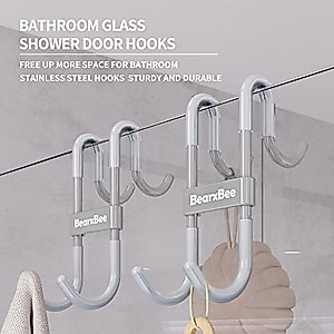 BearxBee Bathroom Glass Shower Door Hooks Aluminum Hanger Hooks with Silicone Case Prevent Scaratches,Steel Color Hooks(2-Packs) for Hanging Towels,Bathrobes
