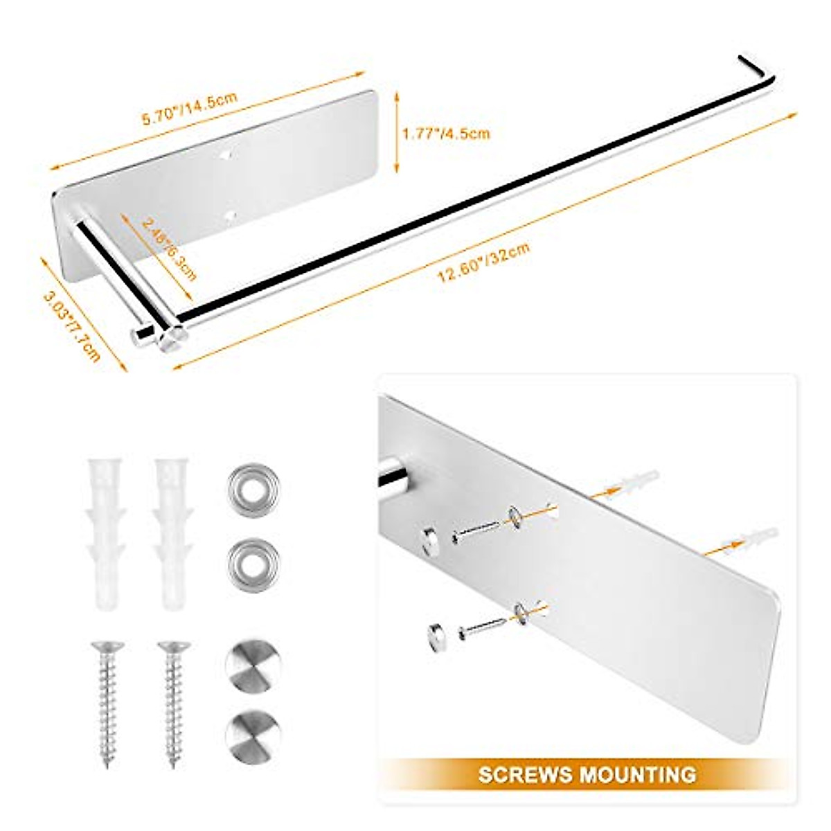 Paper Towel Holder Under Cabinet Mount- Self Adhesive Paper Towel Roll Rack for Kitchen Bathroom Towel, 12 Inch Rolls Wall Mounted & Drilling with Screws, 304 Stainless Steel (Silver, 15)