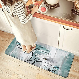 MIFSOIAVV Kitchen Mat,Rustic Farmhouse Farm Teal Daisy Floral Flowers and Butterfly on Country Wooden Turquoise Blue,Kitchen Floor Mat Anti Fatigue Standing Area Rug Non Slip Carpet 47.2''L x 17.7''W