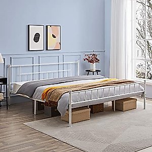 Yaheetech King Size Metal Bed Frame with Headboard and Footboard Platform Bed Frame with Storage No Box Spring Needed Mattress Foundation for Adults White