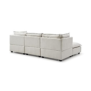 L-Shape Convertible Modular Down Feather Sectional Sofa, Modern Deep Seat Reversible Chaises Upholstered Cloud Couch Sleeper Sofá with Movable Ottomans for Home, Apartment Living Room