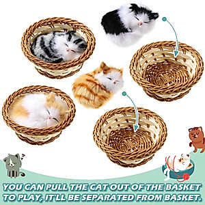 Civaner 4 Pcs Sleeping Cat in Basket Doll Toy Lovely Mini Kitten in Woven Realistic Fake Fluffy Hand Gift Plush Stuffed Decor with Meows Sounds for Office Desk Boys Girls