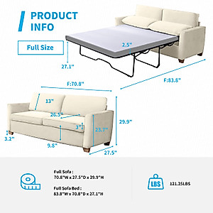 Mjkone 84" W Pull Out Sofa Bed, Sleeper Sofa Bed with Mattress, 2-in-1 Pull Out Couch Bed with 2 Cushions Suitable for Stay Temporarily, Loveseat Sleeper Suitable for Apartment(Beige, Full)