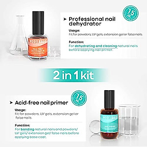 modelones 15ml Gel Nail Polish Nail Dehydrator and Primer, 2Pcs Acid Free Natural Nail Prep Dehydrate & Bond Primer Nail Bond, Air Dry Superior Bonding Primer for Acrylic Powder Nail Supplies Set