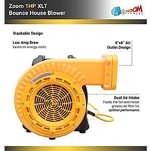 Zoom Blowers XLT 1hp Inflatable Bounce House Blower Fan, Energy Efficient, Commercial Electric Low Amp Draw Air Blower for Inflatables, Water Slide, Bouncy House, or Obstacle Course for Kids