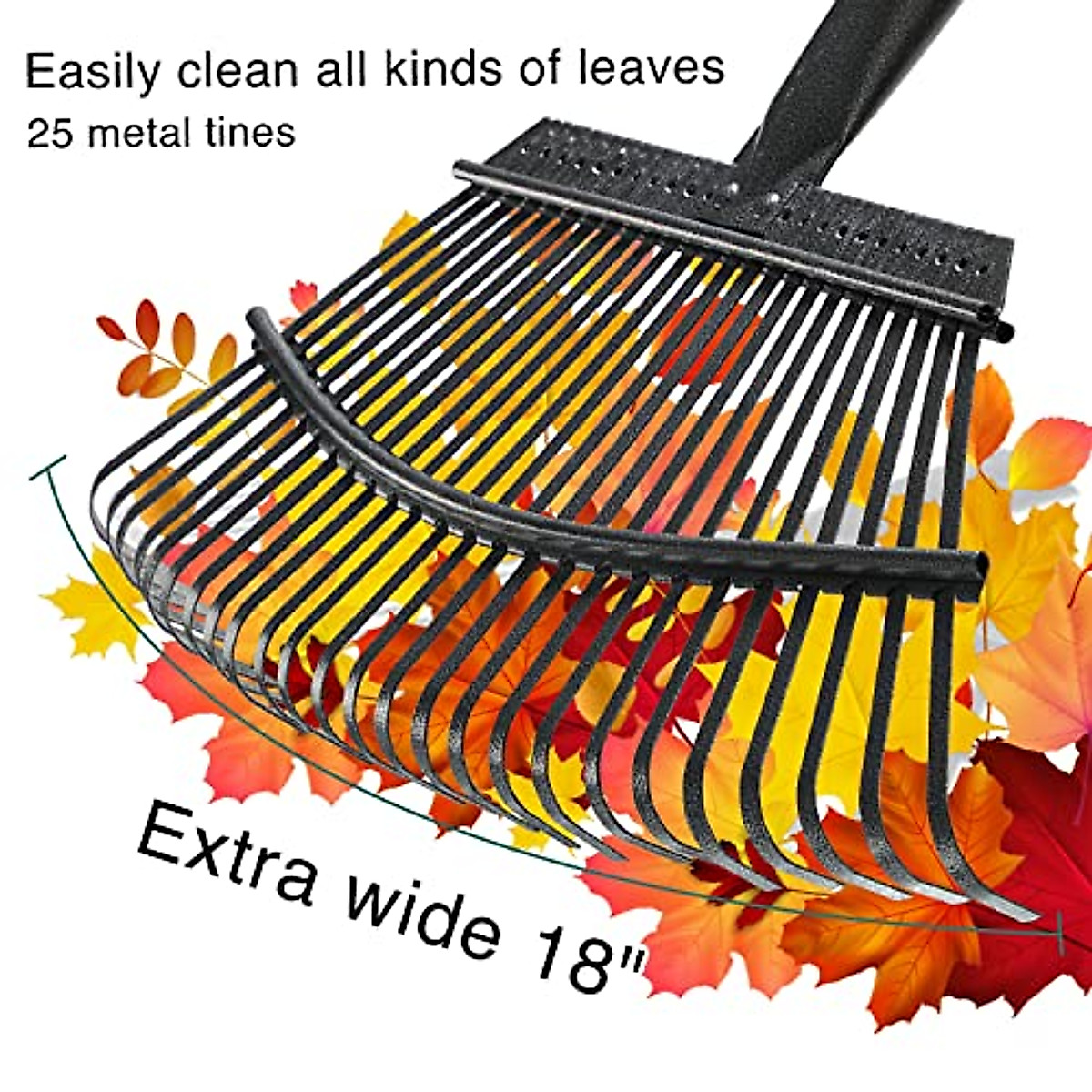 Garden Leaf Rake, Shrub Rake for Leaves Long Handle Heavy Duty, 18" Width Metal Mulch Rake for Gardening, Flower Beds, Lawn, Yard, 6ft