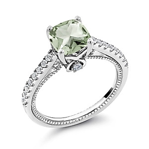 Gem Stone King 925 Sterling Silver Cushion 7MM Gemstone Birthstone and White Created Sapphire Engagement Ring | Wedding Engagement Anniversary Promise Ring For Women