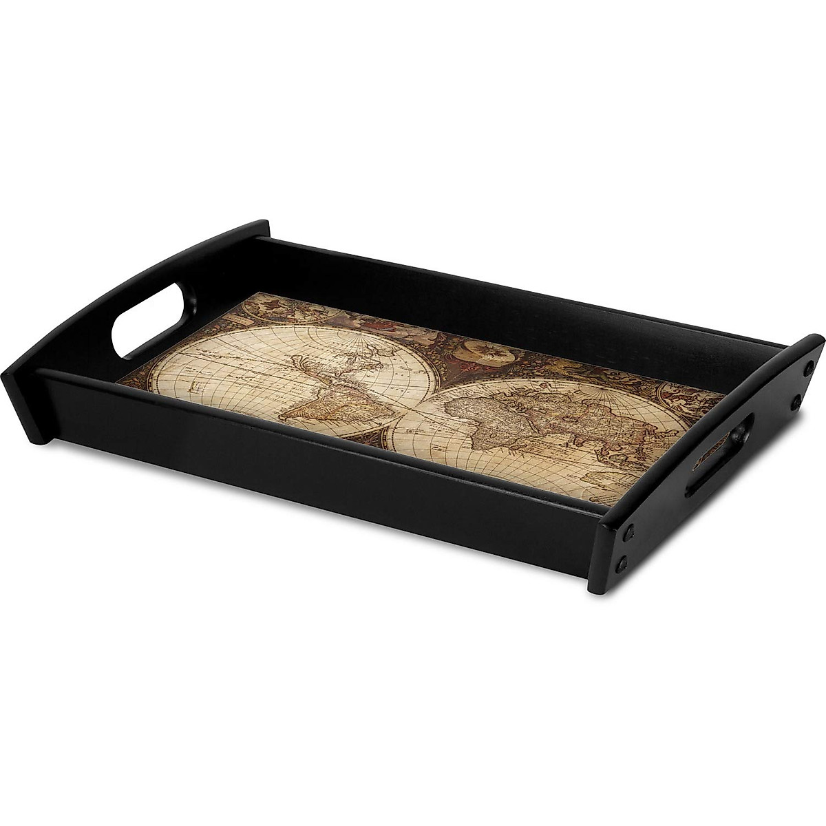 Vintage World Map Black Wooden Tray - Large