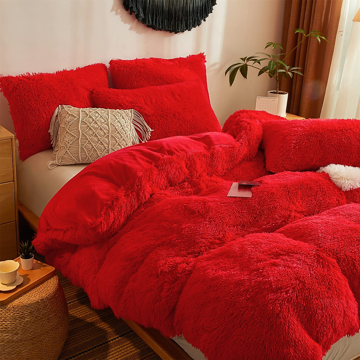 Shaggy Duvet Cover 5 Set, Fluffy Faux Fur Red Comforter Set Queen - Plush Ultra Soft Crystal Velvet Fluffy Red Bedding, Red Furry 5 Sets Pieces Queen Bed Set(Full/Queen, Red)