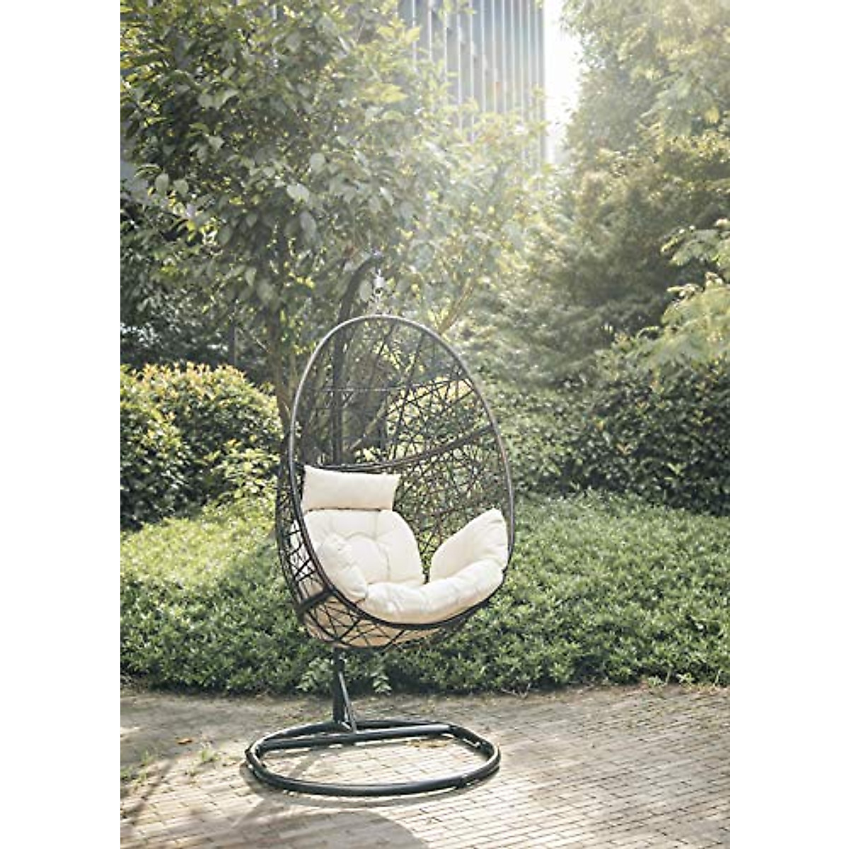 LUCKYBERRY Outdoor Wicker Tear Drop Hanging Egg Chair Color Cushion Beige