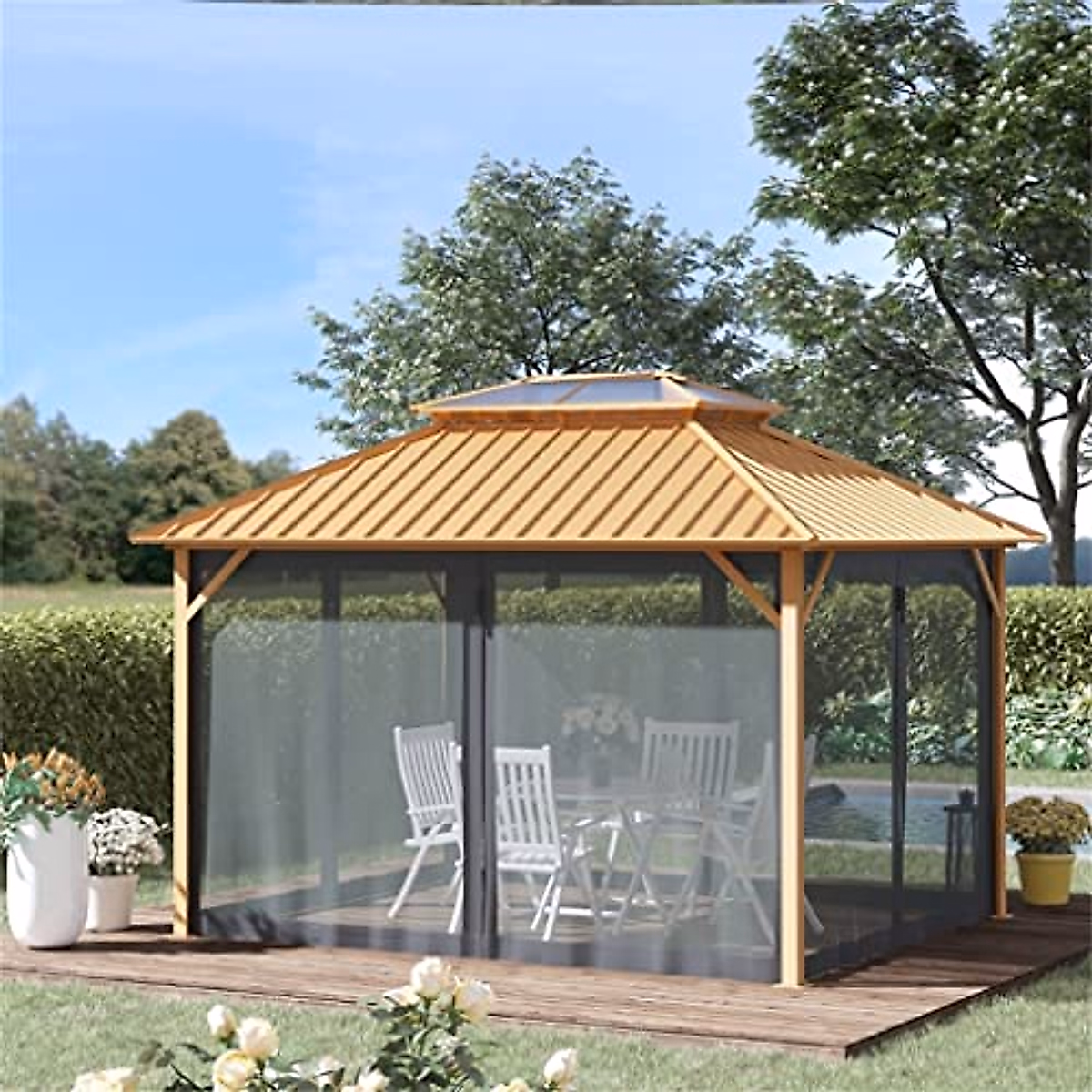 CZDYUF 12' x 10' Hardtop Gazebo Steel Canopy Outdoor Pergola with Aluminum Frame and Netting for Patios, Gardens, Lawns