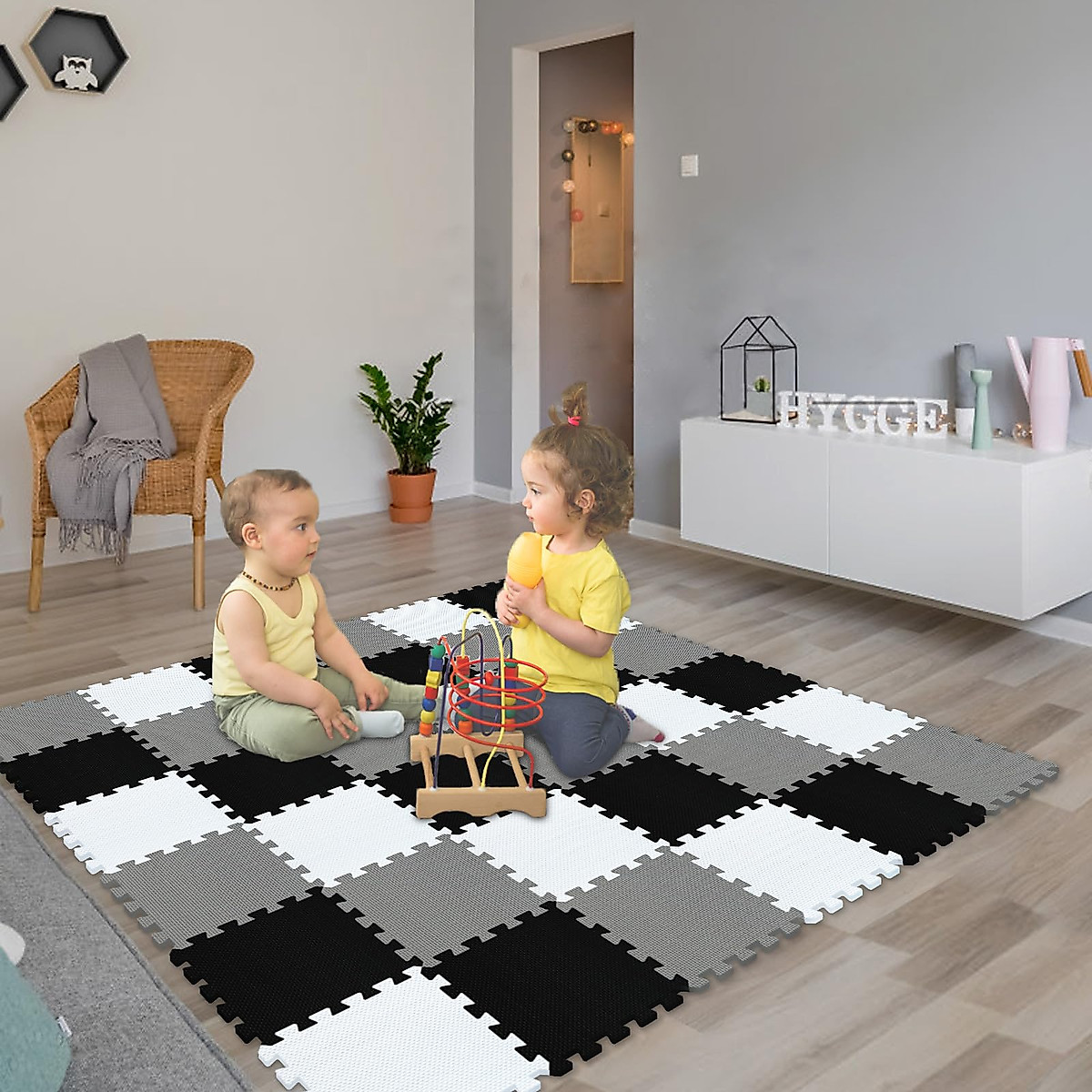 qqpp EVA Rubber 18 Tiles Interlocking Puzzle Foam Floor Mats - Baby Play Mat for Playing | Exercise Mat for Home Workout. White, Black, Gray. QC-ADLb18N