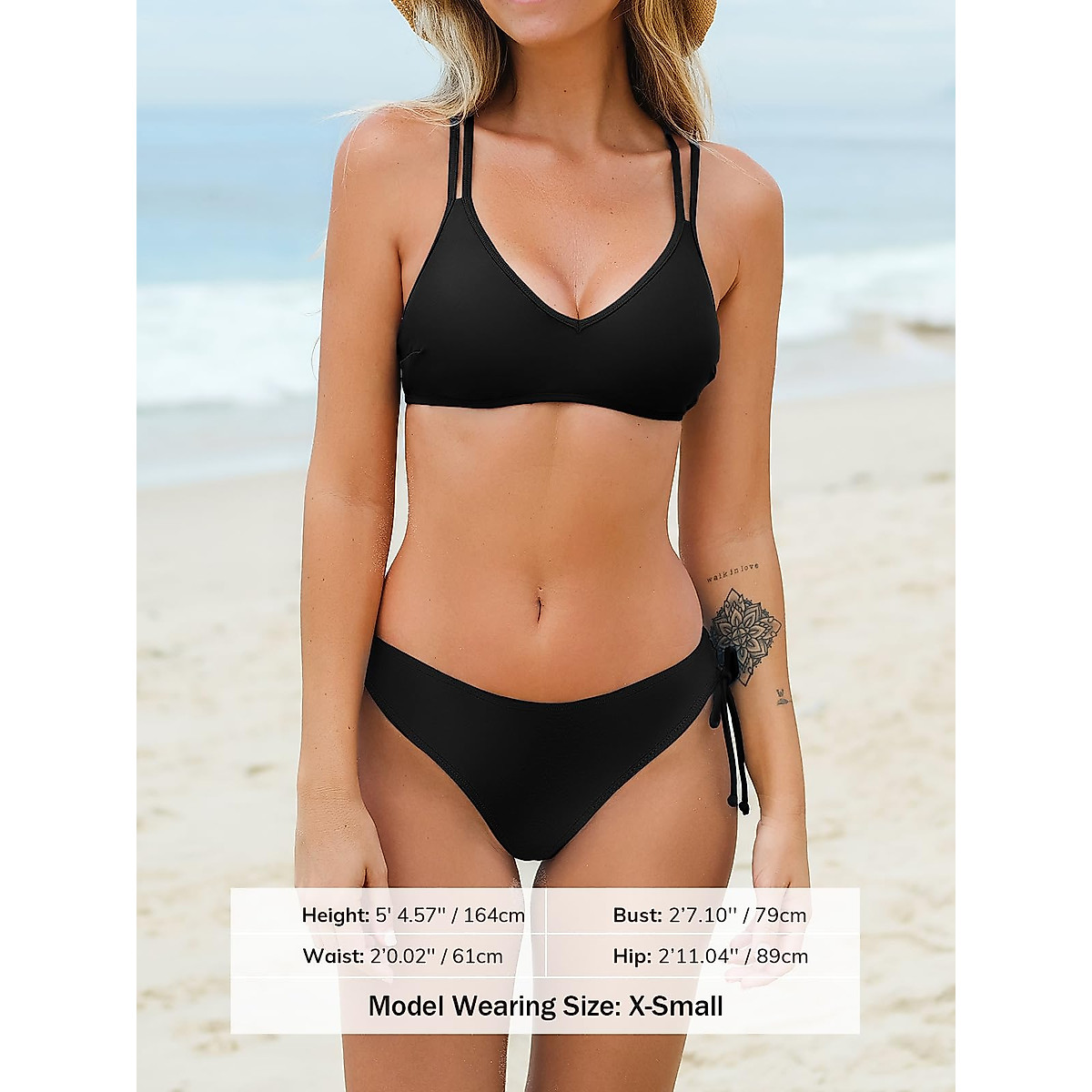 CUPSHE Women Swimsuit Bikini Set Two Piece Bathing Suit Criss Cross Back Tie Side with Double Spaghetti Straps, M Black