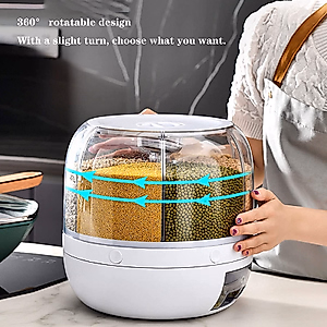 WJSP Cereal Dispenser Rice Bucket Dispenser 6 Grid 360° Rotating Rice Container Automatic Waterproof and Moisture-Proof Rice Storage Box for Kitchen, White