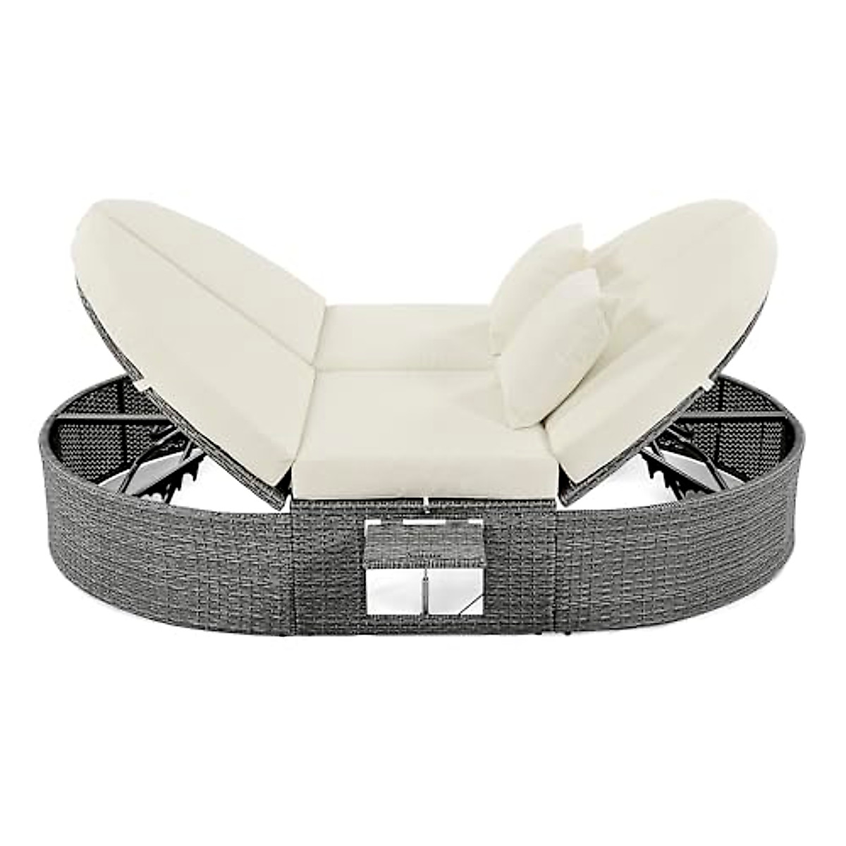 EOVTK Outdoor Rattan Daybed, Multifunctional 2-Person Sun Bed with Cushions and Pillows, Wicker Reclining Chaise Lounge with Adjustable Backrests and Foldable Cup Trays for Lawn, Poolside, Beige