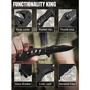 Tactical Legal Knife for Men Women - 2.68 Inch Serrated Blade Small Black Pocket Knife with Glass Breaker Seatbelt Cutter - Cool Folding Knives for Camping Work EDC - Mens Birthday Gift Ideas 6655 B