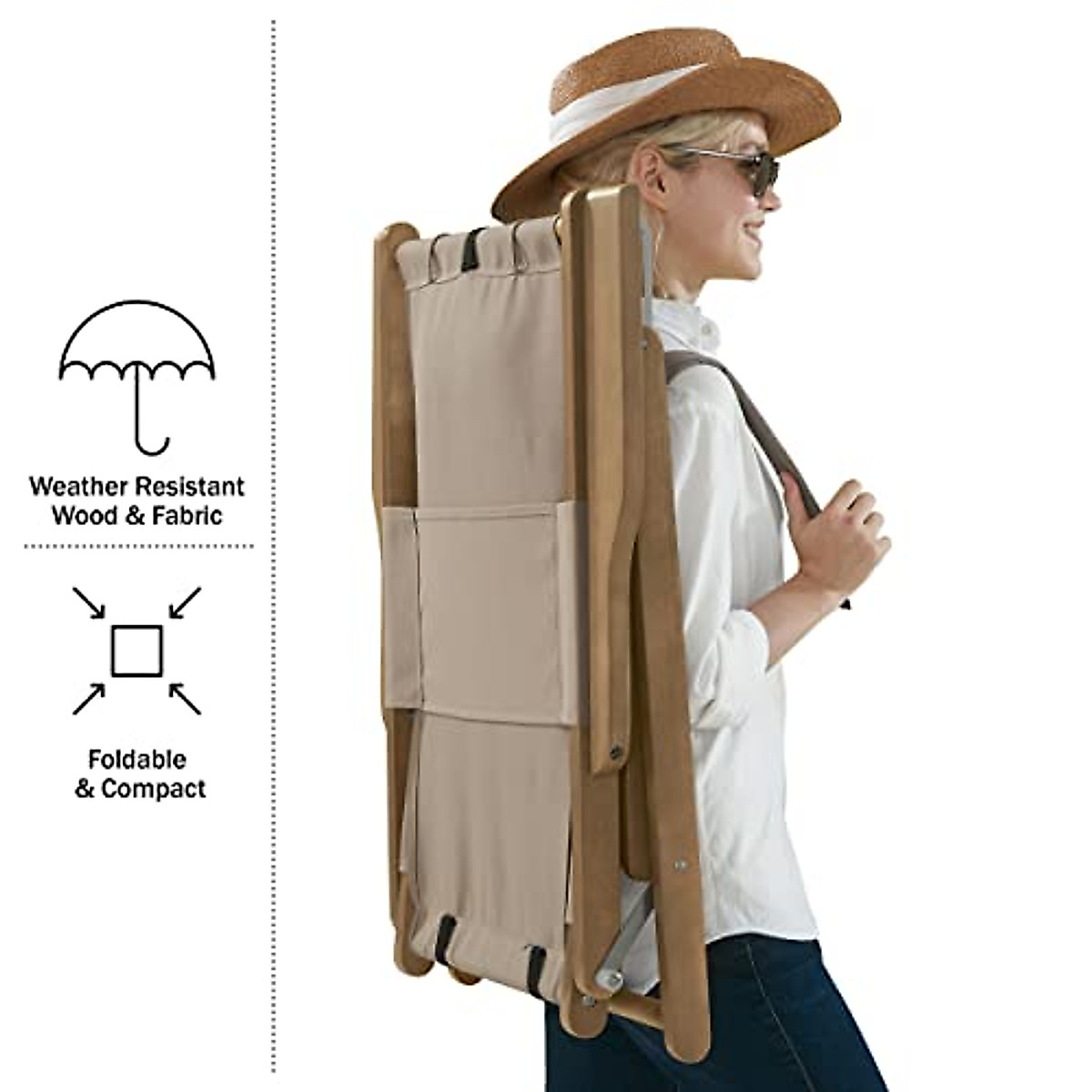 Lavish Home Set of 2 Beach Chairs - Outdoor Weather-Resistant Wood Folding Chairs with Carry Straps and Reclining Seat - Beach Essentials (Taupe)