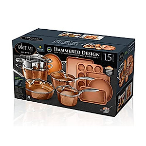 Gotham Steel Hammered Pots and Pans Set Nonstick, 15 Pc Kitchen Cookware Set & Bakeware Set, Induction Pots and Pans for Cooking, Ceramic Coated, Long Lasting Nonstick, Dishwasher Safe 100% Toxin Free