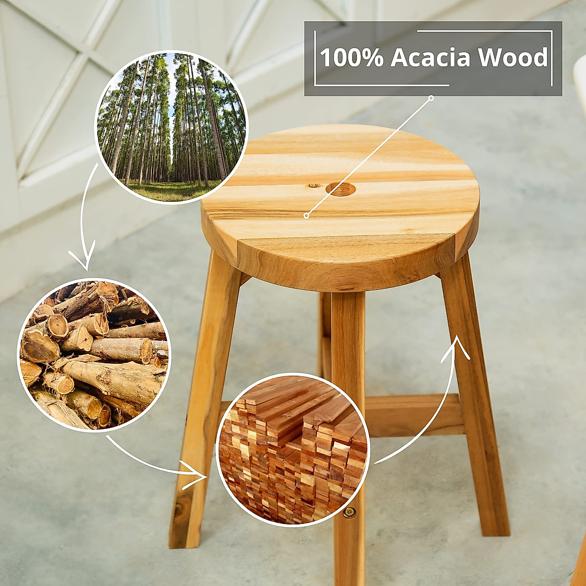 Acacia Wooden Stool Round Top Chairs. Sub-Stool for Kitchen Living Room. Strong Weight Capacity Upto 350 LBS, Natural Color