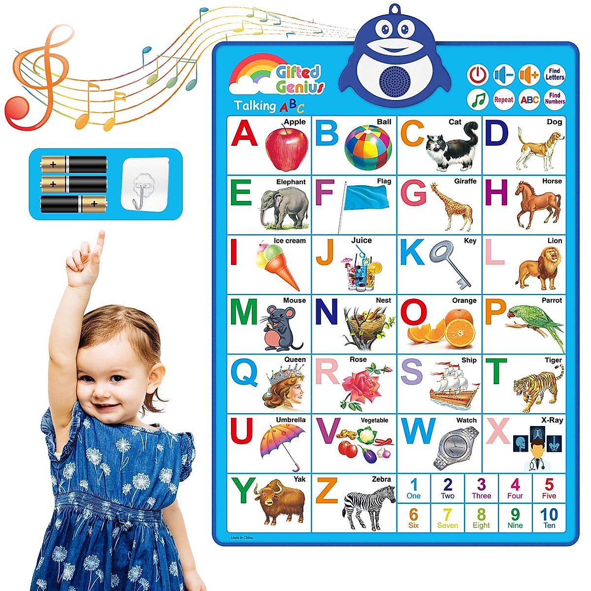 Gifted Genius Electronic Interactive Alphabet Wall Chart, Talking ABC & 123s & Music Poster, Best Educational Toy for Toddler. Kids Fun Learning at Daycare, Preschool, Kindergarten for Boys & Girls